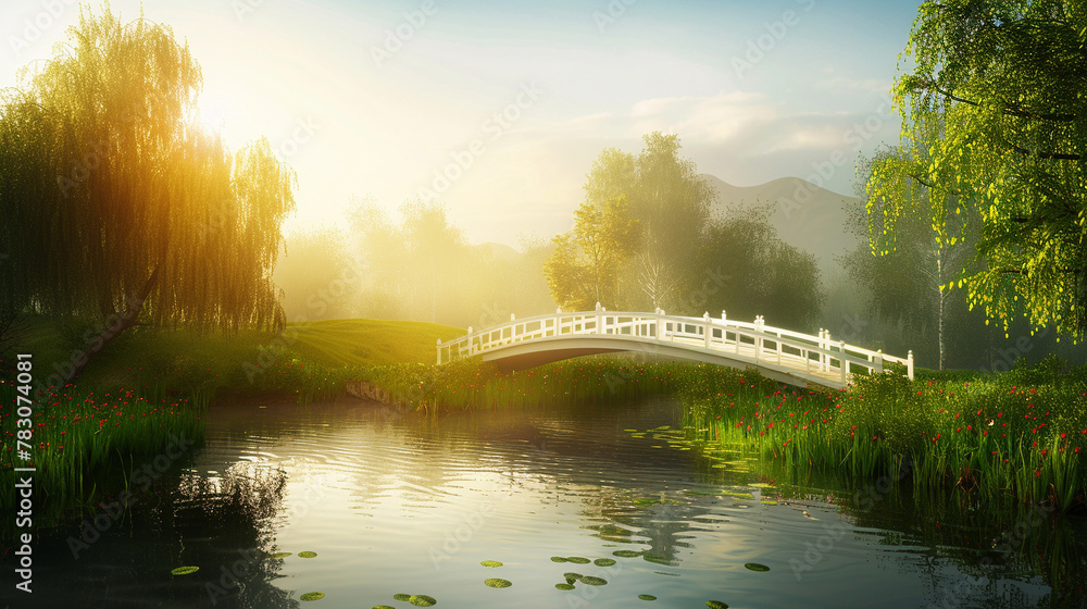 Idyllic Bridge, A white bridge over a serene pond at sunrise in a lush ...