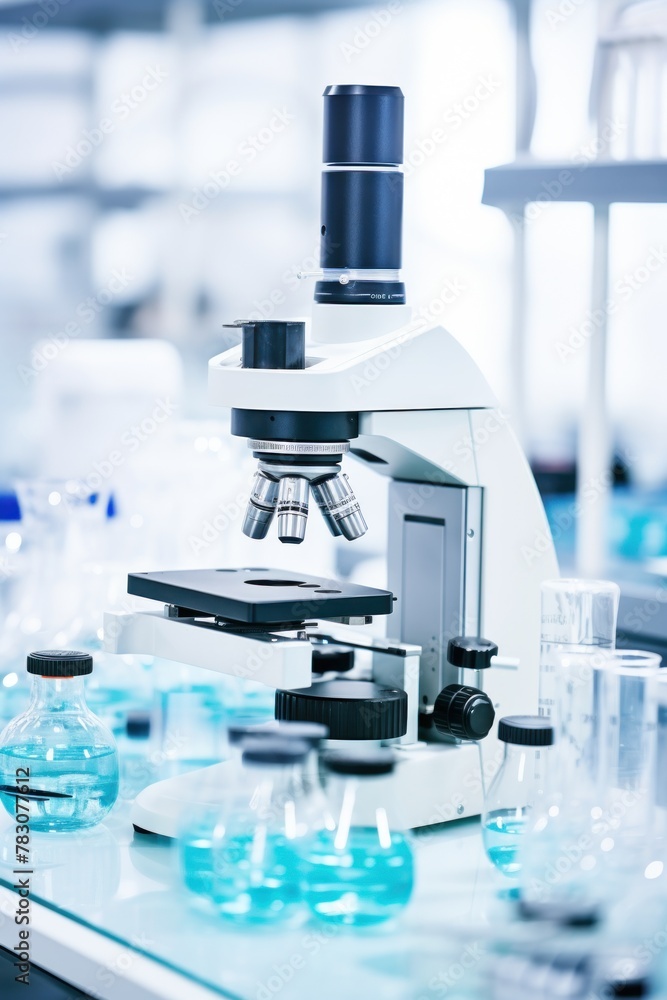 Professional microscope and lab glassware for scientific research Stock ...