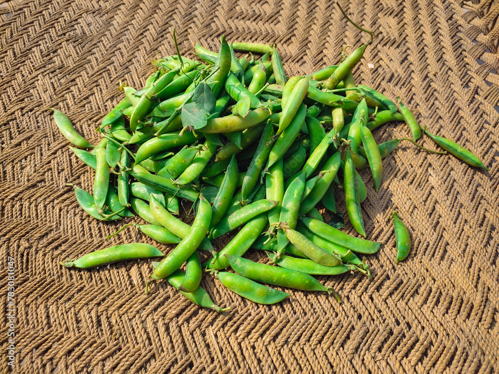 Pile of unpeeled Green Peas vegetable. The pea is most commonly the ...