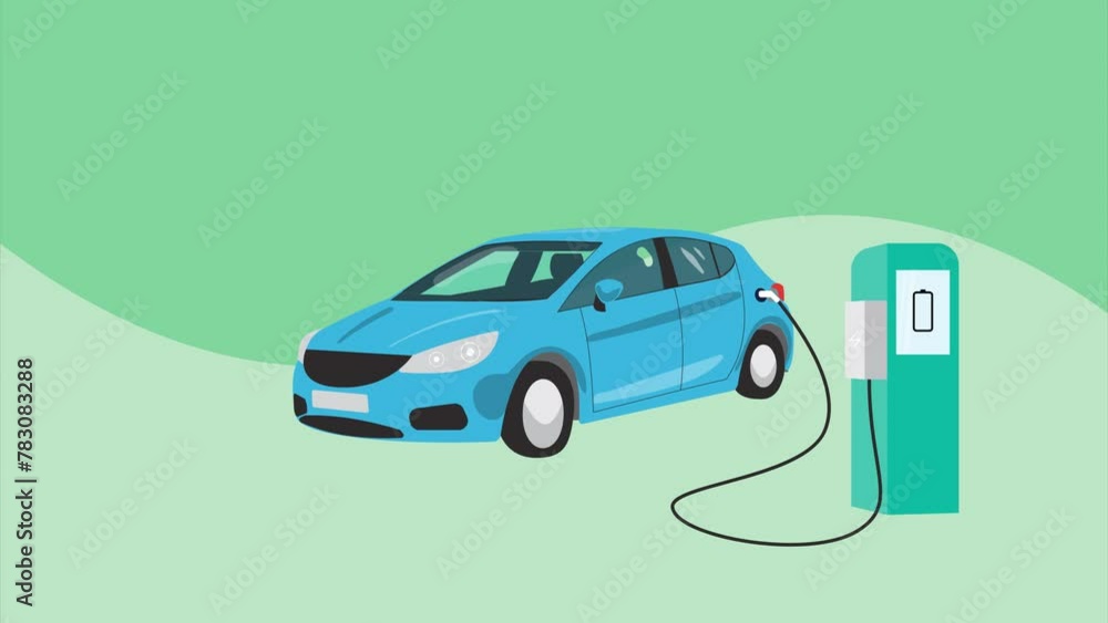 Electric car and charging station in the green background. Modern flat ...