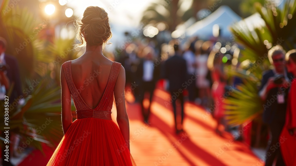 Red dress celebrity at film awards red carpet event with photographers ...