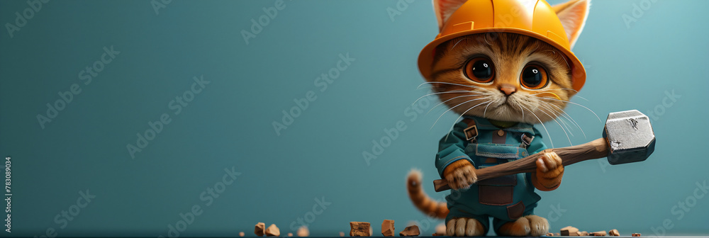 Cartoon cat wearing construction gear with hammer. Whimsical animal ...