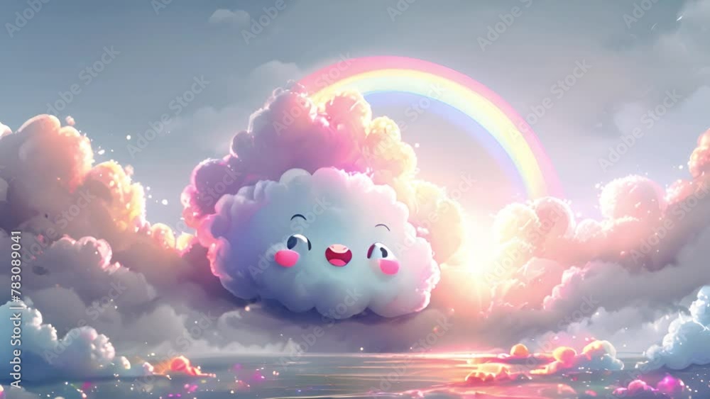 Cute animation with smiling sun and Magical fluffy clouds sparkling ...