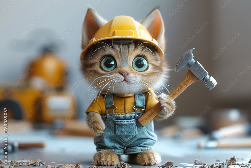 Cartoon cat wearing construction gear with hammer. Whimsical animal ...