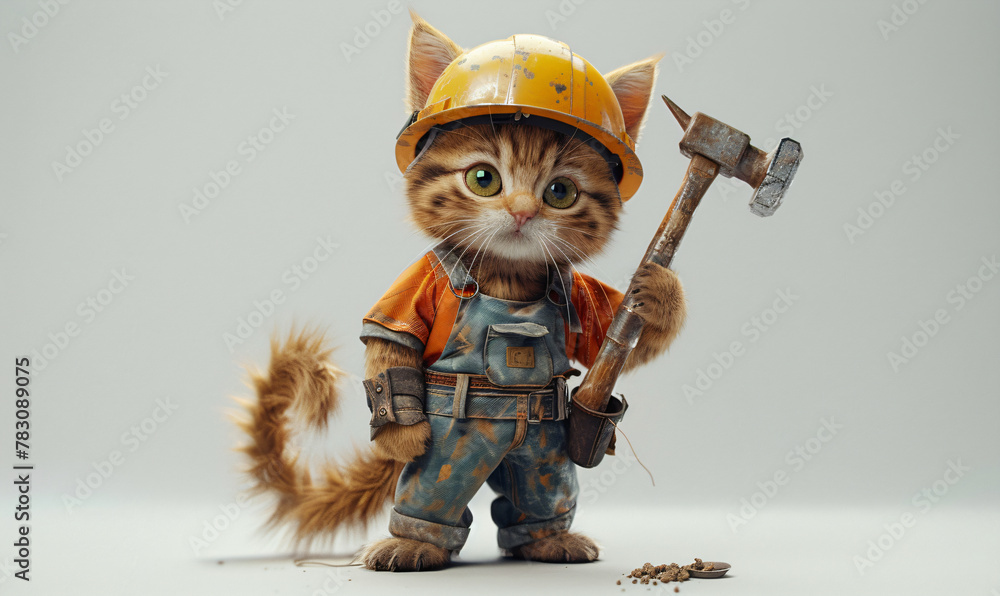 Cartoon cat wearing construction gear with hammer. Whimsical animal ...