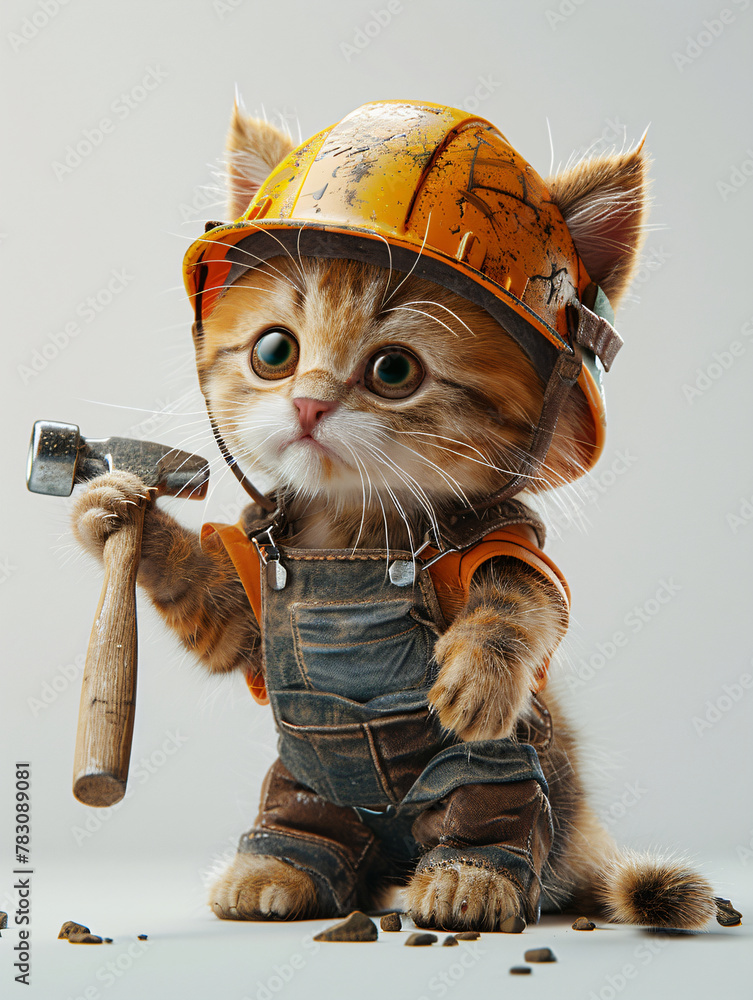 Cartoon cat wearing construction gear with hammer. Whimsical animal ...