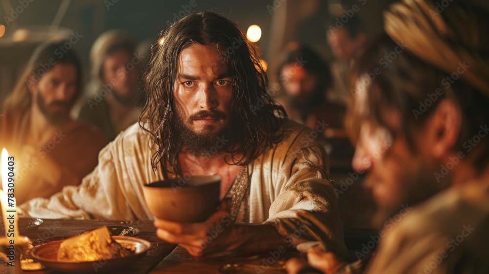 Jesus Christ with a wood cup in his hand at the Last Supper Stock Photo ...