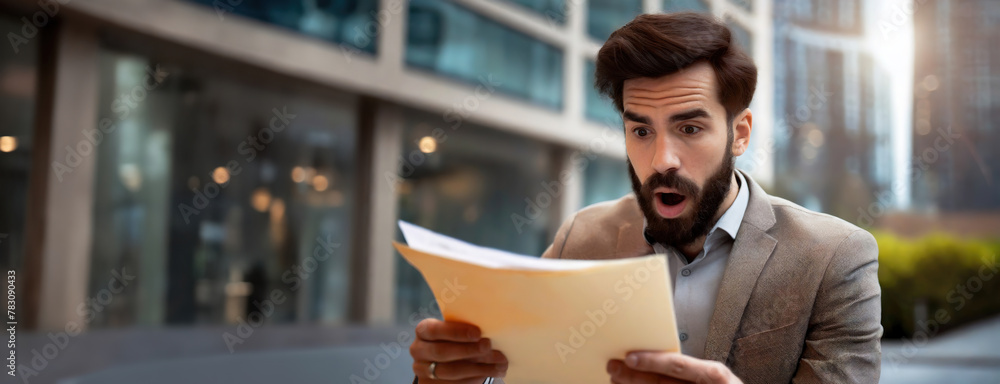 Shocked businessman in a suit expresses surprise and shock while ...