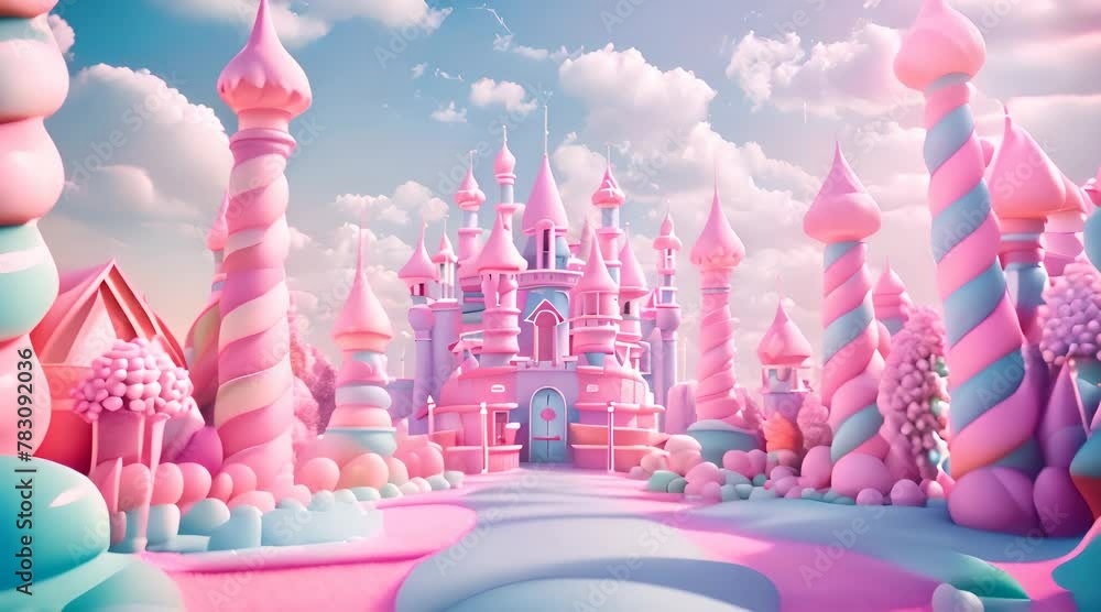 Walk through a sugary dreamland with pastel castle and candy trees ...