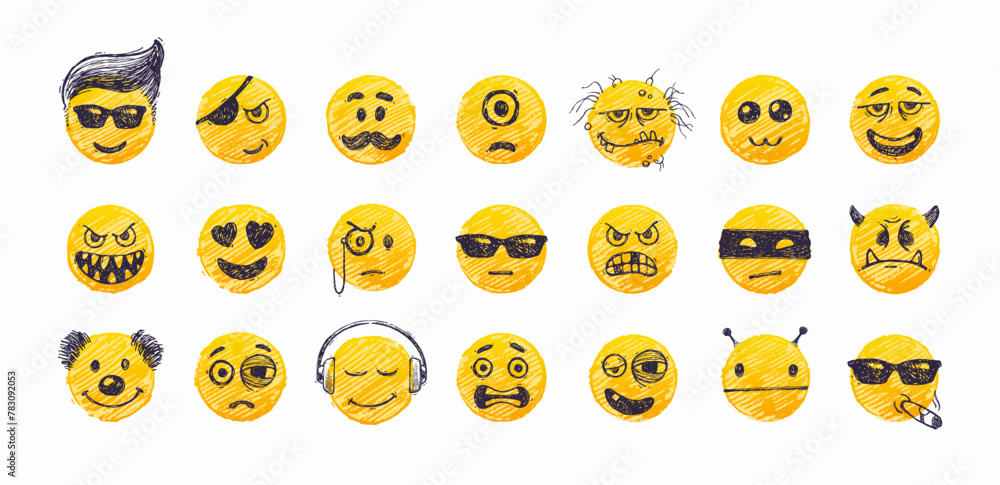 Vector set of Emoji. Hand drawn set of Emoticons. Smile icons. Vector ...