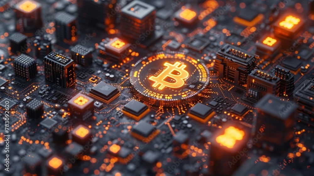 The process of mining cryptocurrencies depicted with highpowered ...