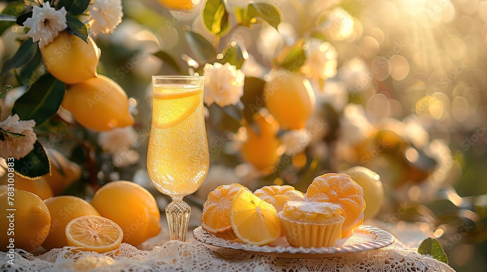 This vivid scene captures a cool lemonade next to sweet citrus cupcakes ...