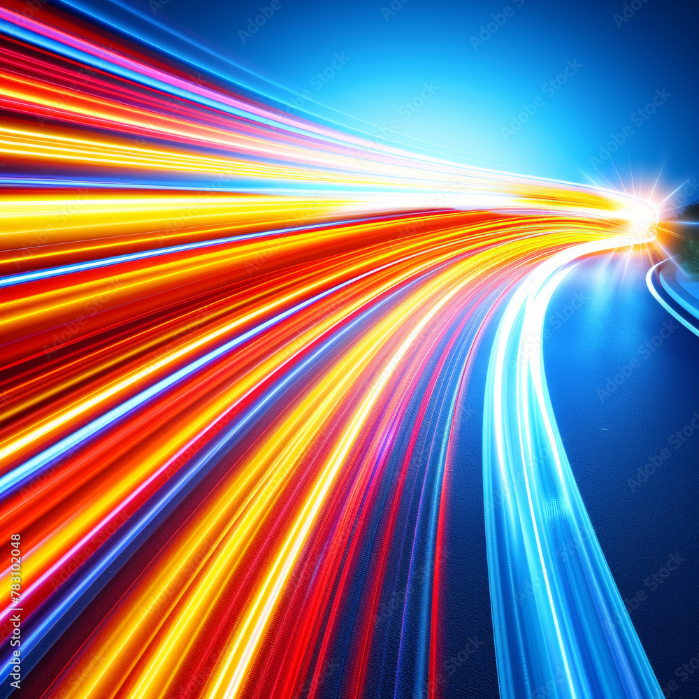 A colorful streak of light is shown on a blue background. The streaks ...