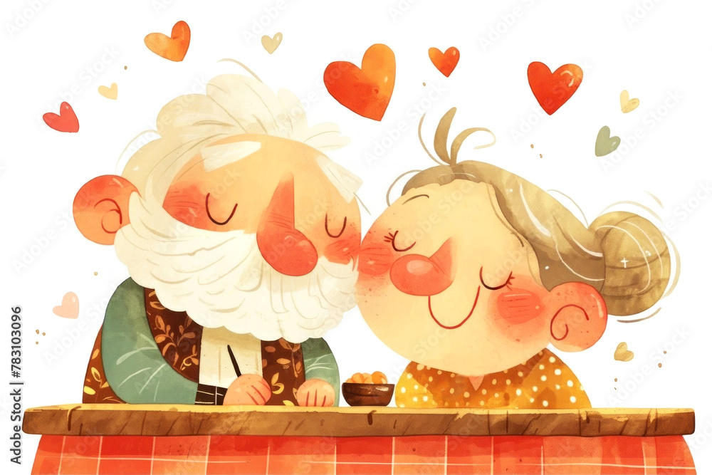Description: Intimate moment of affection between two elderly animated ...