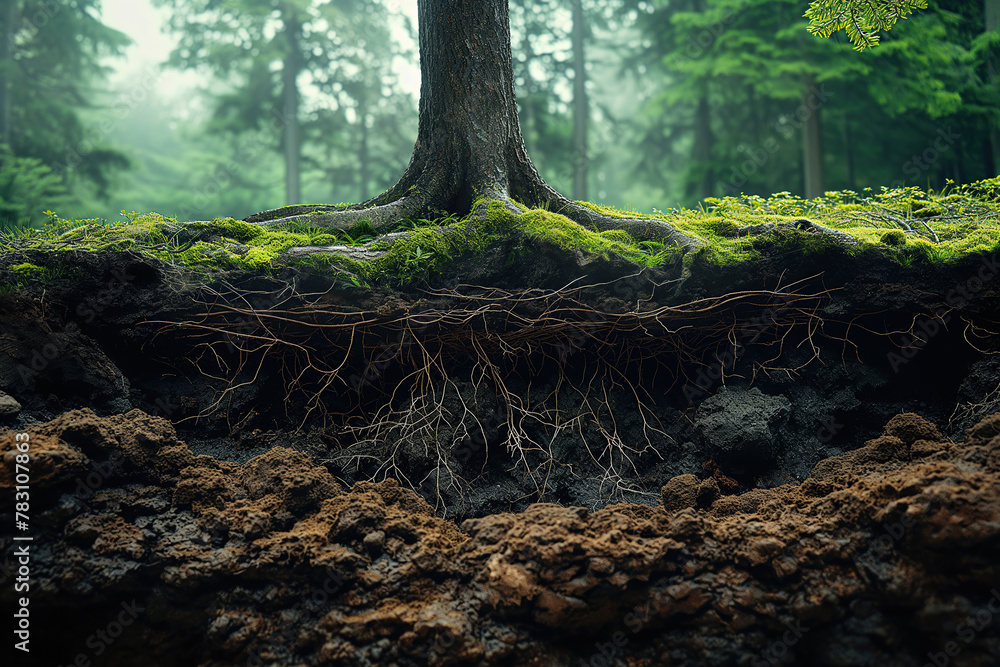 diagram of underground root system of old tree growing in forest in ...