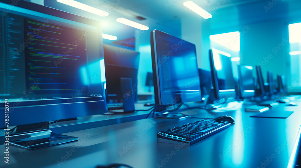 A row of computer monitors are on a desk. The monitors are all ...