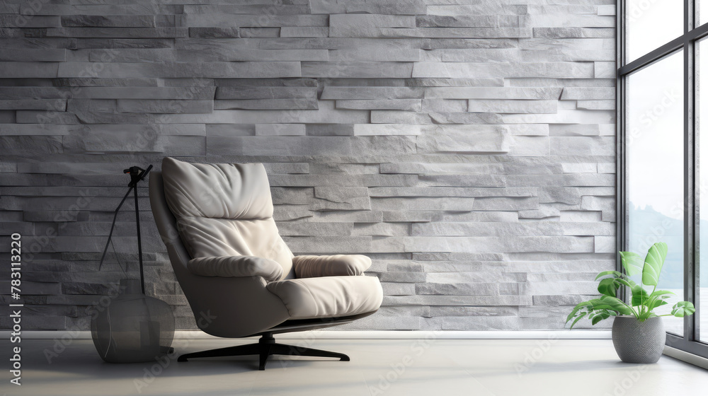 Recliner chair against window near white and stone cladding wall ...
