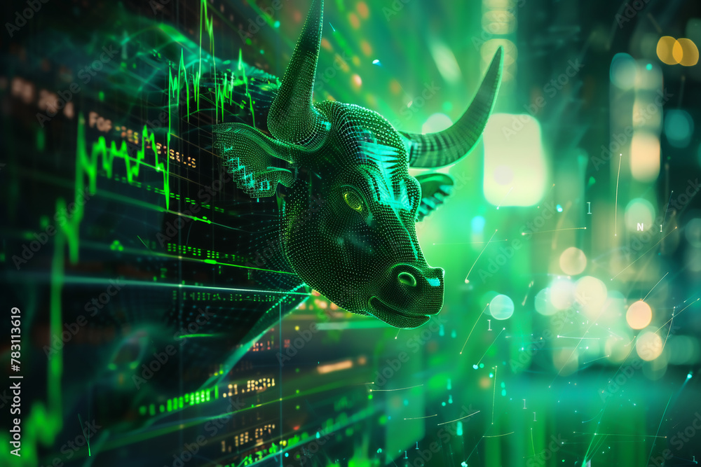 An intricate depiction of a digital bull positioned over an ascending ...