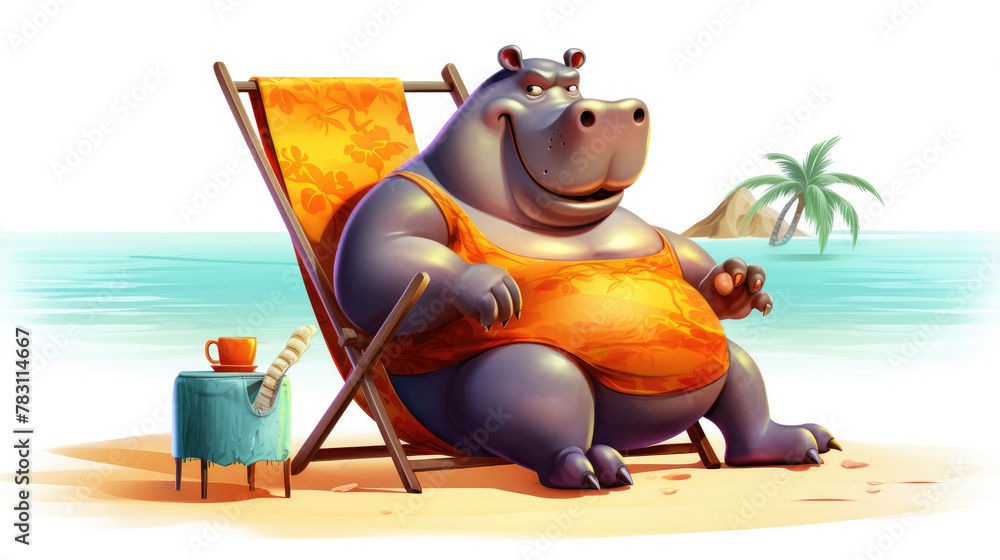 Funny cartoon fat hippo sitting on broken beach chair isolated over ...