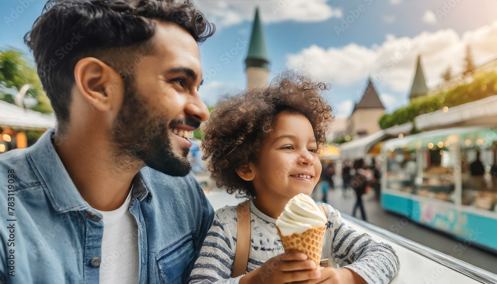Father and child enjoying ice cream together at an outdoor theme park ...