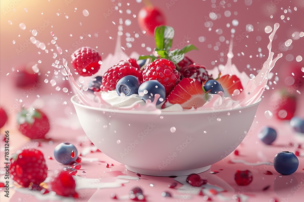 Animated berries dive into a yogurt bowl, causing a lively splash ...