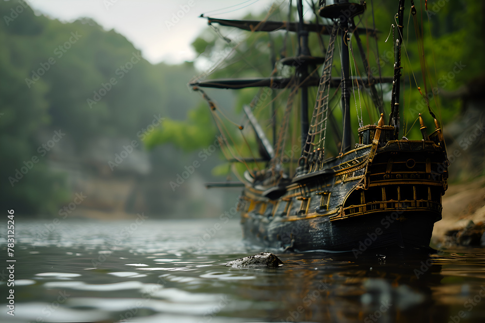 A small model of a ship is floating in a body of water. The water is ...