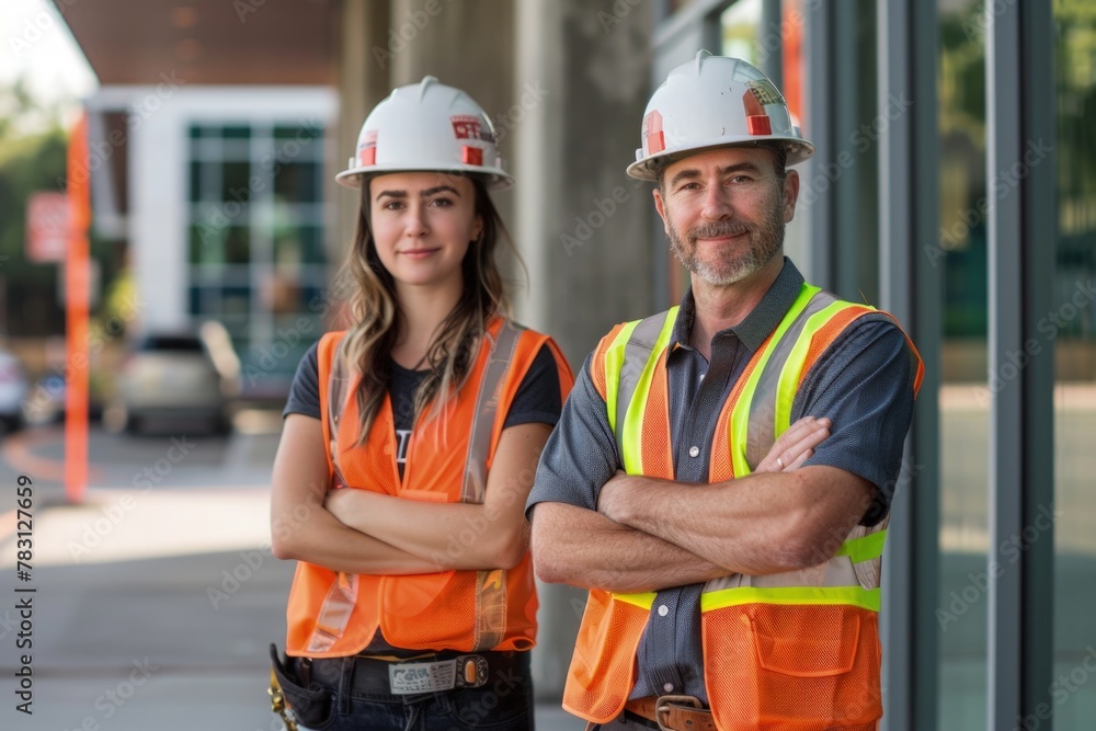 Male and female construction worker, construction work in the background, concept of civil ...