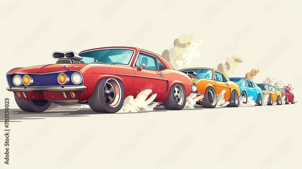 Cartoon drag race, custom cars lined up at the start line, engines ...