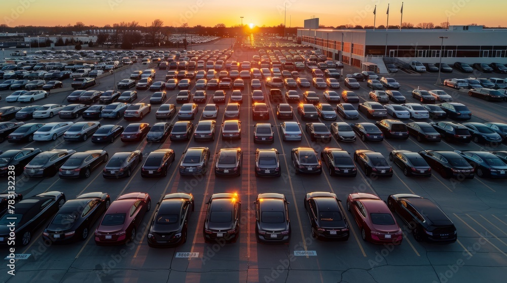 Overflowing parking lot at car dealership filled with rows of preowned ...
