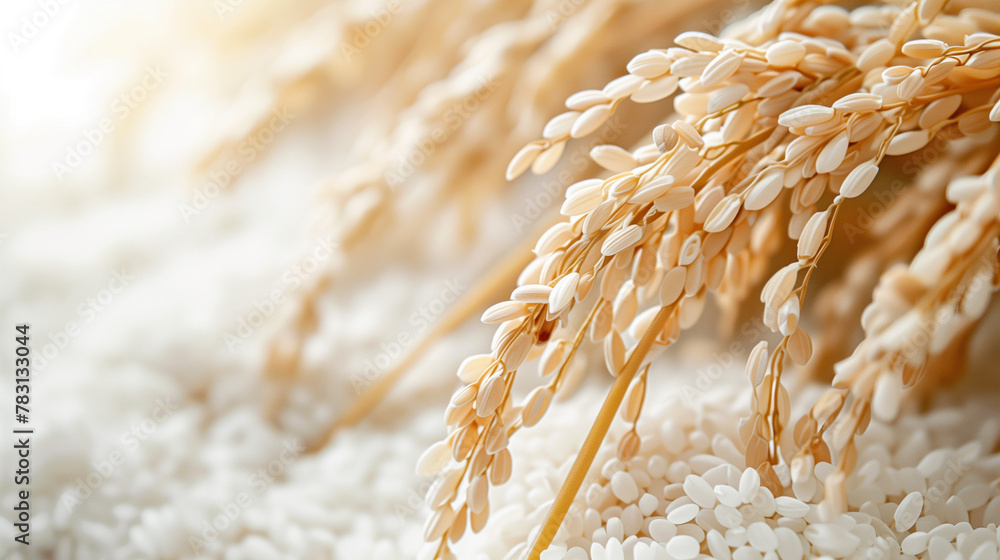 Raw rice grain and dry rice plant on wooden table. An image of freshly ...