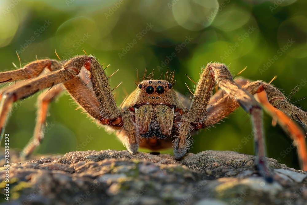 A detailed view of a Huntsman spider on a rock, showcasing its hairy ...