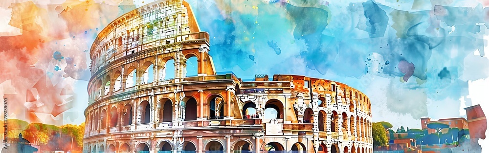 A detailed watercolor painting capturing the grandeur of the Colosseum ...