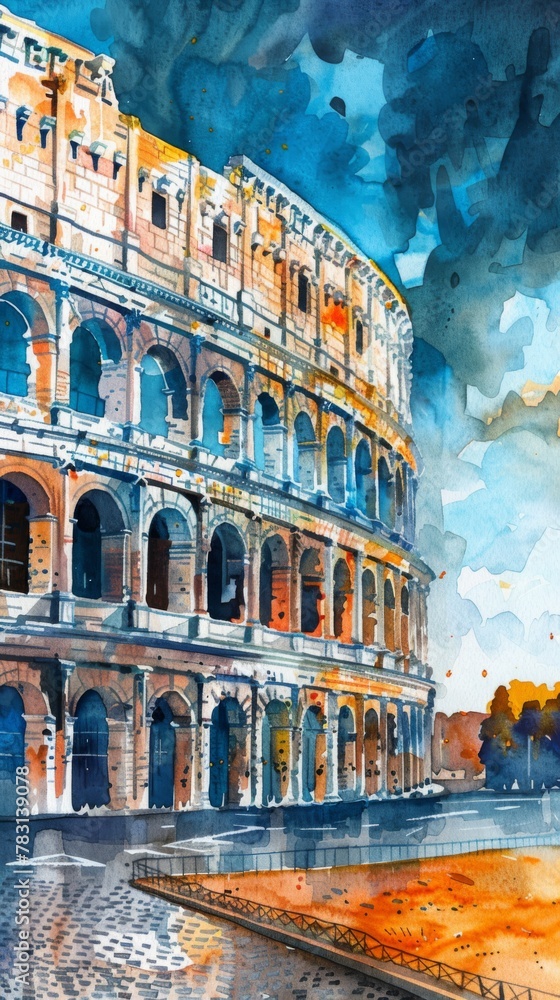 The painting depicts the iconic Colosseum in Rome, capturing its ...