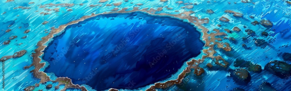 A watercolor illustration depicting the Great Blue Hole in the ocean ...