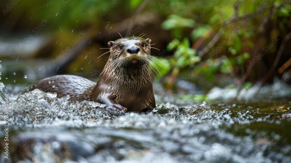 An American River Otter is in the water, looking up at the camera. The ...