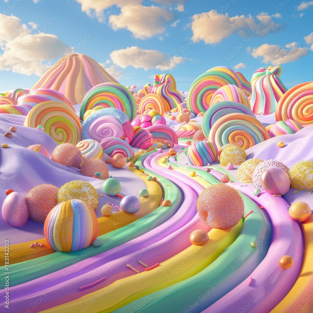 whimsical Candy Land fantasy landscape, vibrant paths of colorful ...