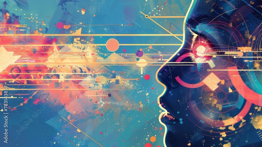 A colorful, abstract painting of a face with a glowing eye. The ...