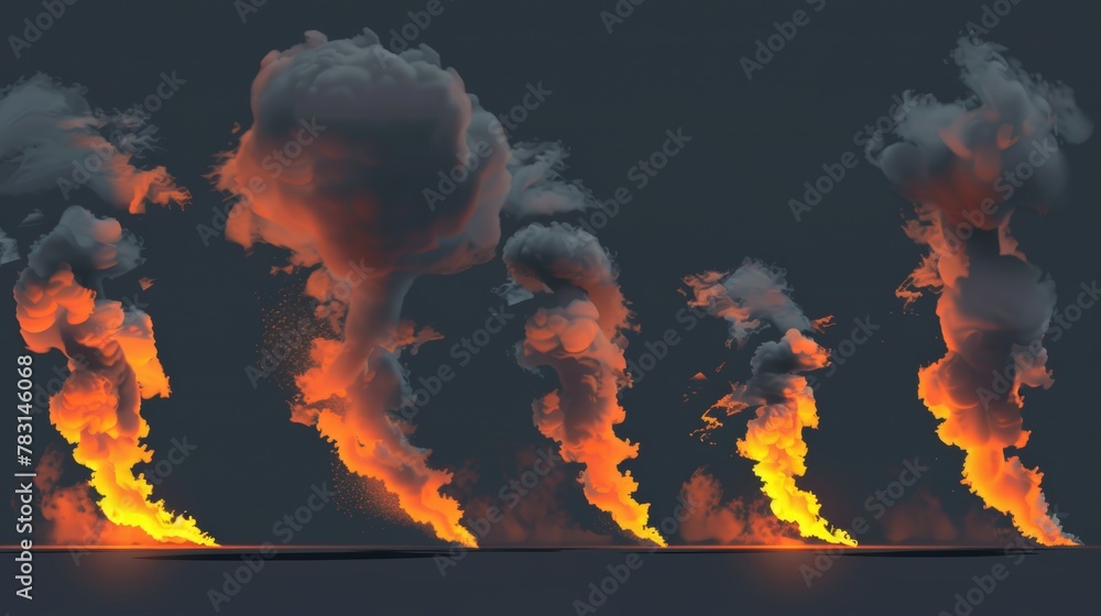 Smoke clouds from burning fires. Modern realistic set of dark hot fog ...
