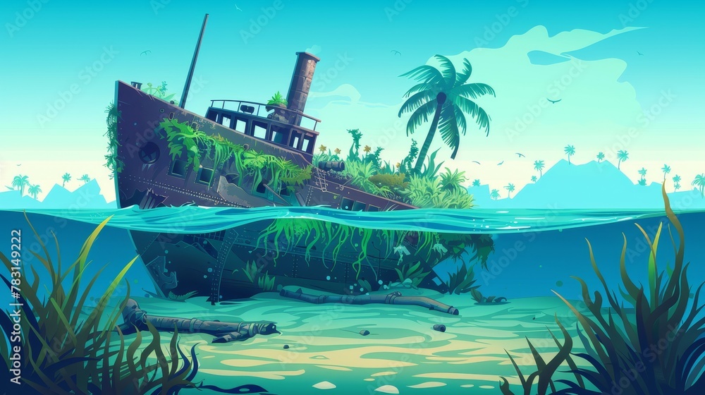 Floating wreck ship with sunken pipes, sunken steamboat on ocean sandy ...