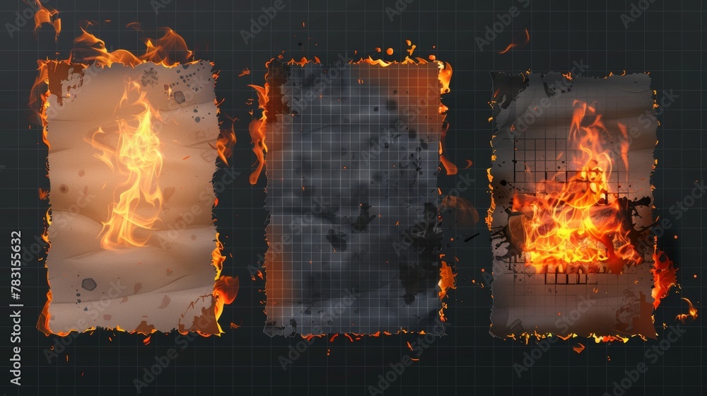 Smoldering notebook pages with checkered pattern and flame isolated on ...