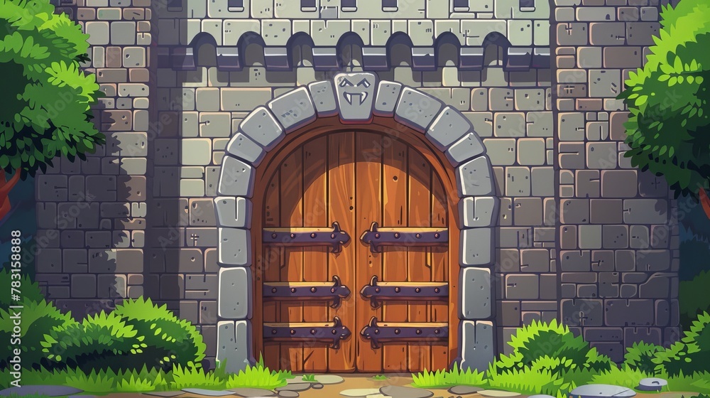 This medieval castle wall with gate modern background features a safe ...