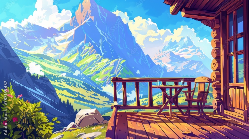 Cartoon illustration of rocky landscape and green valley under blue ...