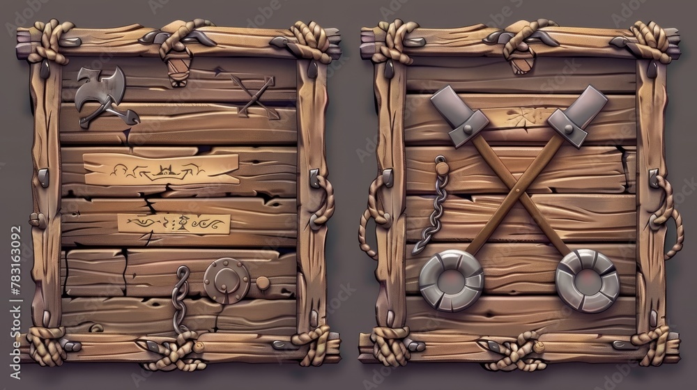 Modern pirate UI game frame and board buttons with wood texture. A ...