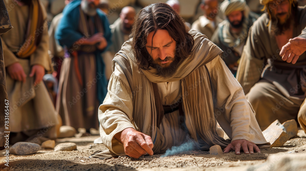 Jesus Christ is writing in the sand the sins of the people who are ...