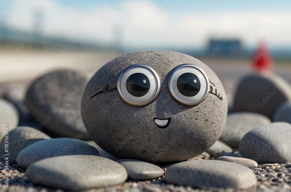 Gray smooth smiling Pet rock with googly eyes stuck to it on airport ...