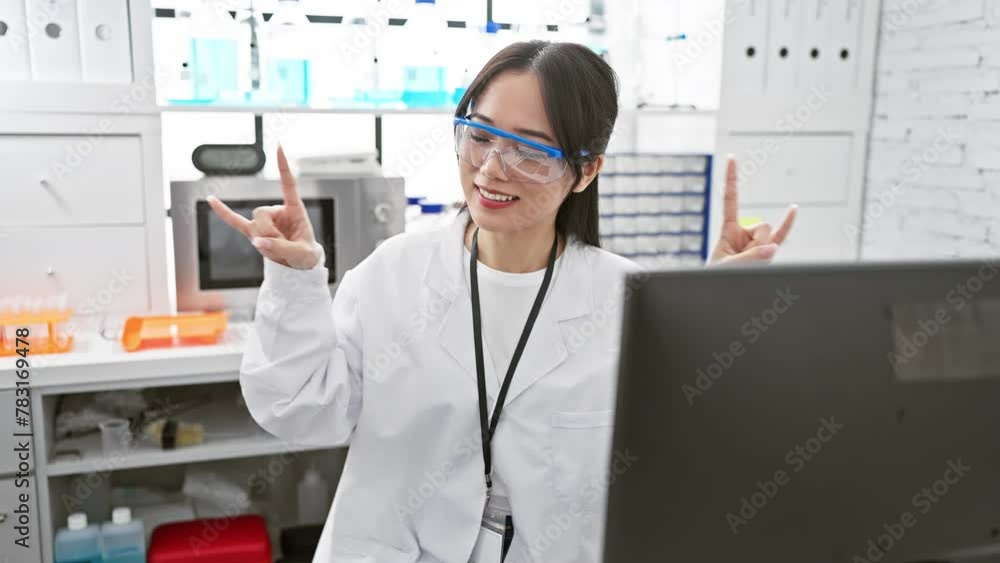 Vidéo Stock Rockstar scientist! young, chinese woman in lab flaunts ...