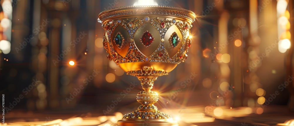 Mythical chalice, adorned with jewels, grants endless joy to the ...
