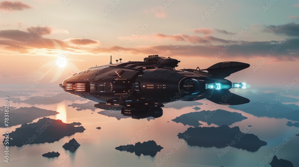Vintage spaceship, retro design featuring futuristic tech, soaring over ...