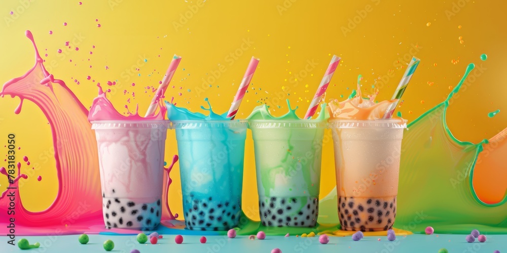 Bubble tea in plastic cups, plain pink background, summer boba beverage ...