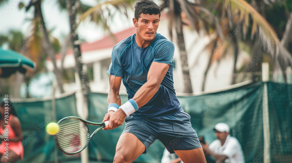 Focused Strike. A tennis player in a blue outfit is intensely focused ...